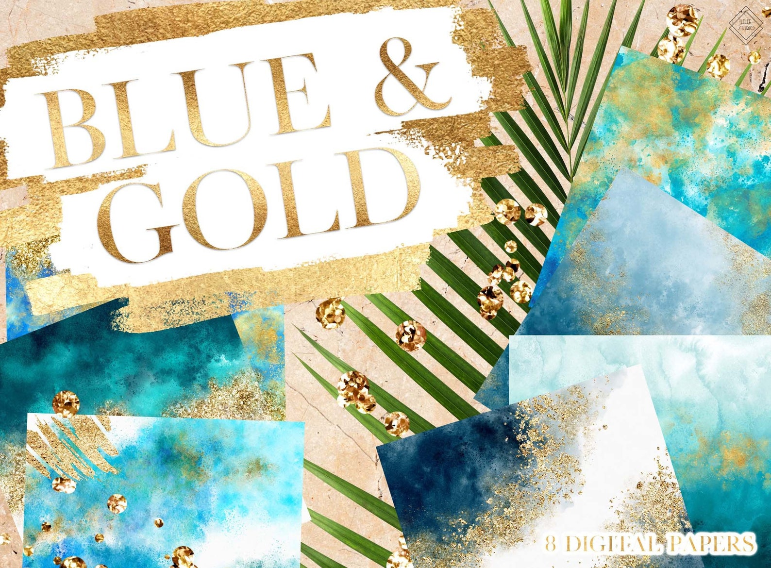 Blue Gold Watercolor Digital Paper Navy Turquoise Ocean Sea - Etsy