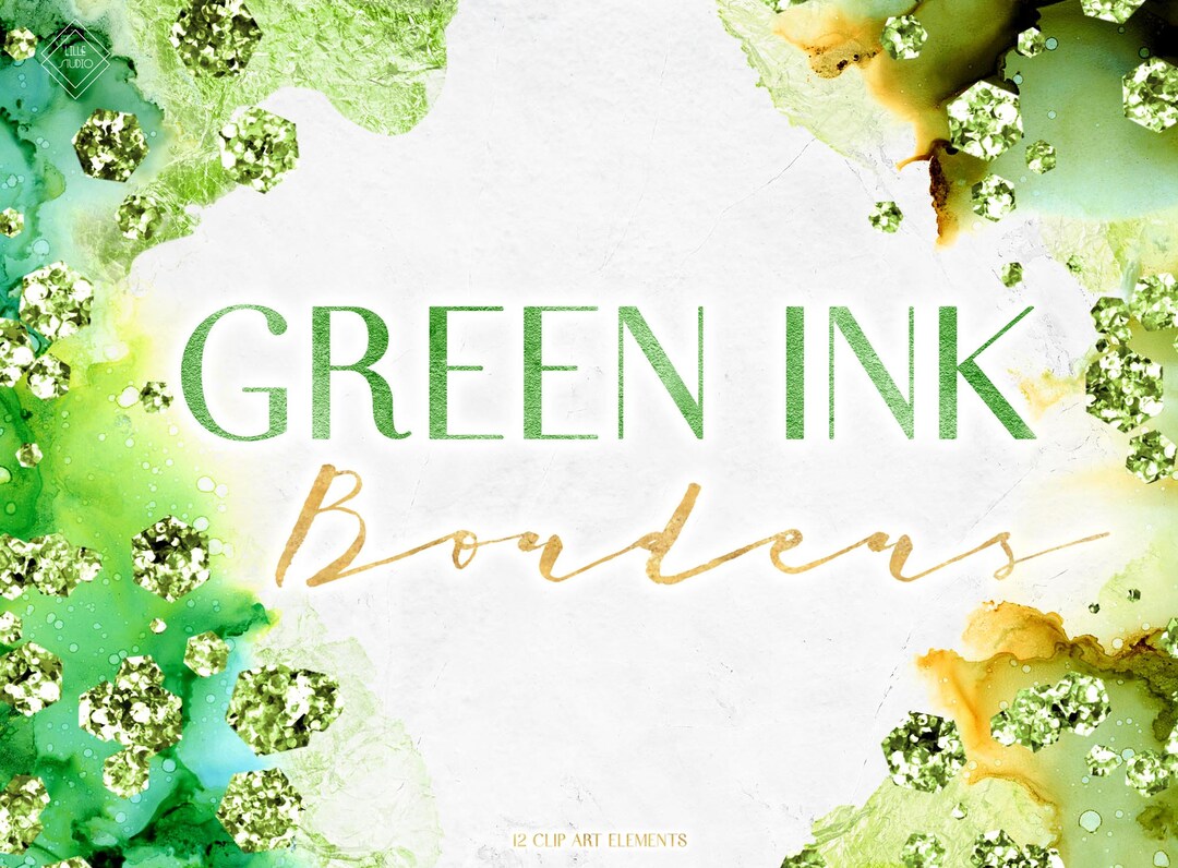 Emerald Green Alcohol Ink Clipart Borders: Watercolor & Glitter Overlay ...
