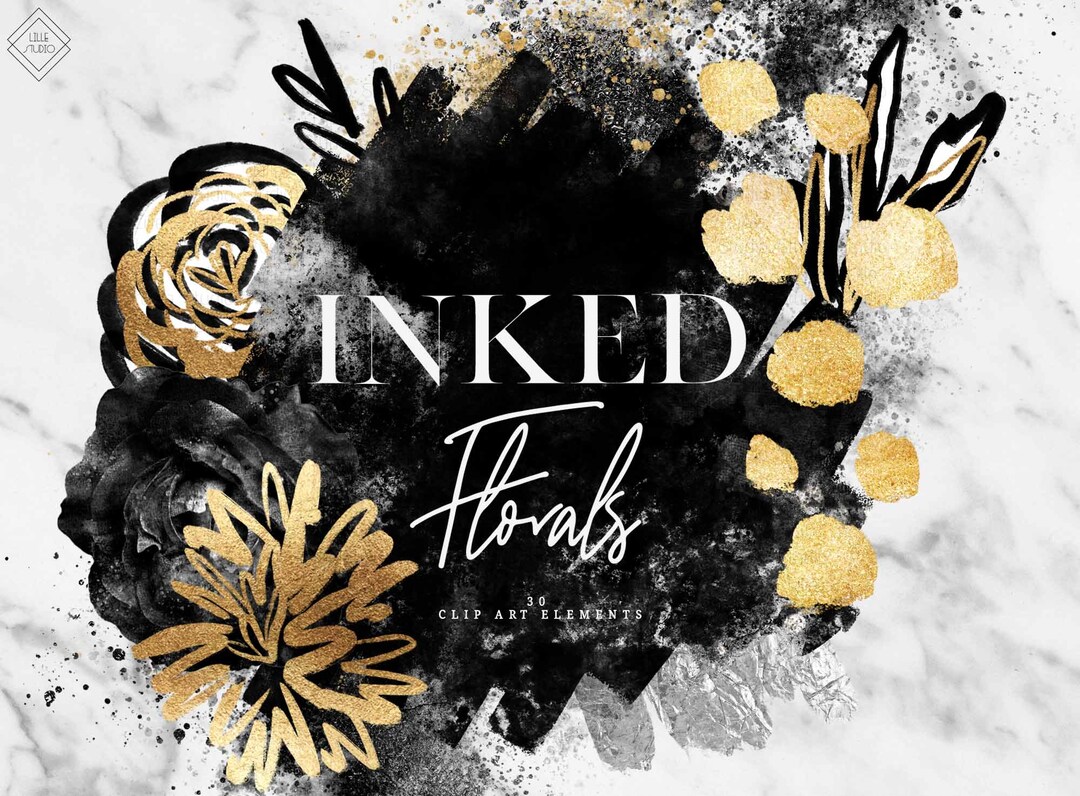 Black Gold Floral Flower Clipart - Modern Abstract Flowers Clip Art ...