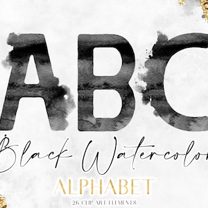 Black Watercolor Alphabet Clipart: Modern Monogram Letter Graphics (PNG ...