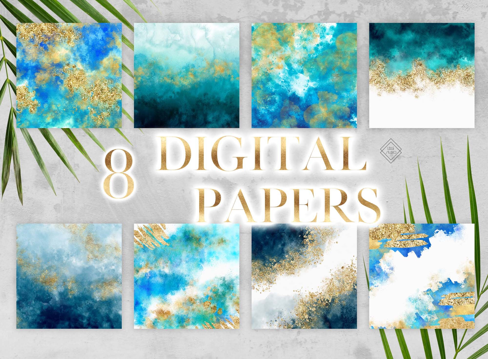 Blue Gold Watercolor Digital Paper Navy Turquoise Ocean Sea - Etsy