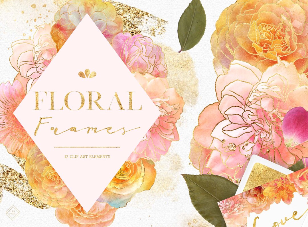 Watercolor Flower Clipart Frames: Colorful Gold Floral Borders, Bright ...
