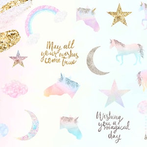 Pastel Rainbow Unicorn Clipart - Glitter Birthday Party Clip Art - Star ...