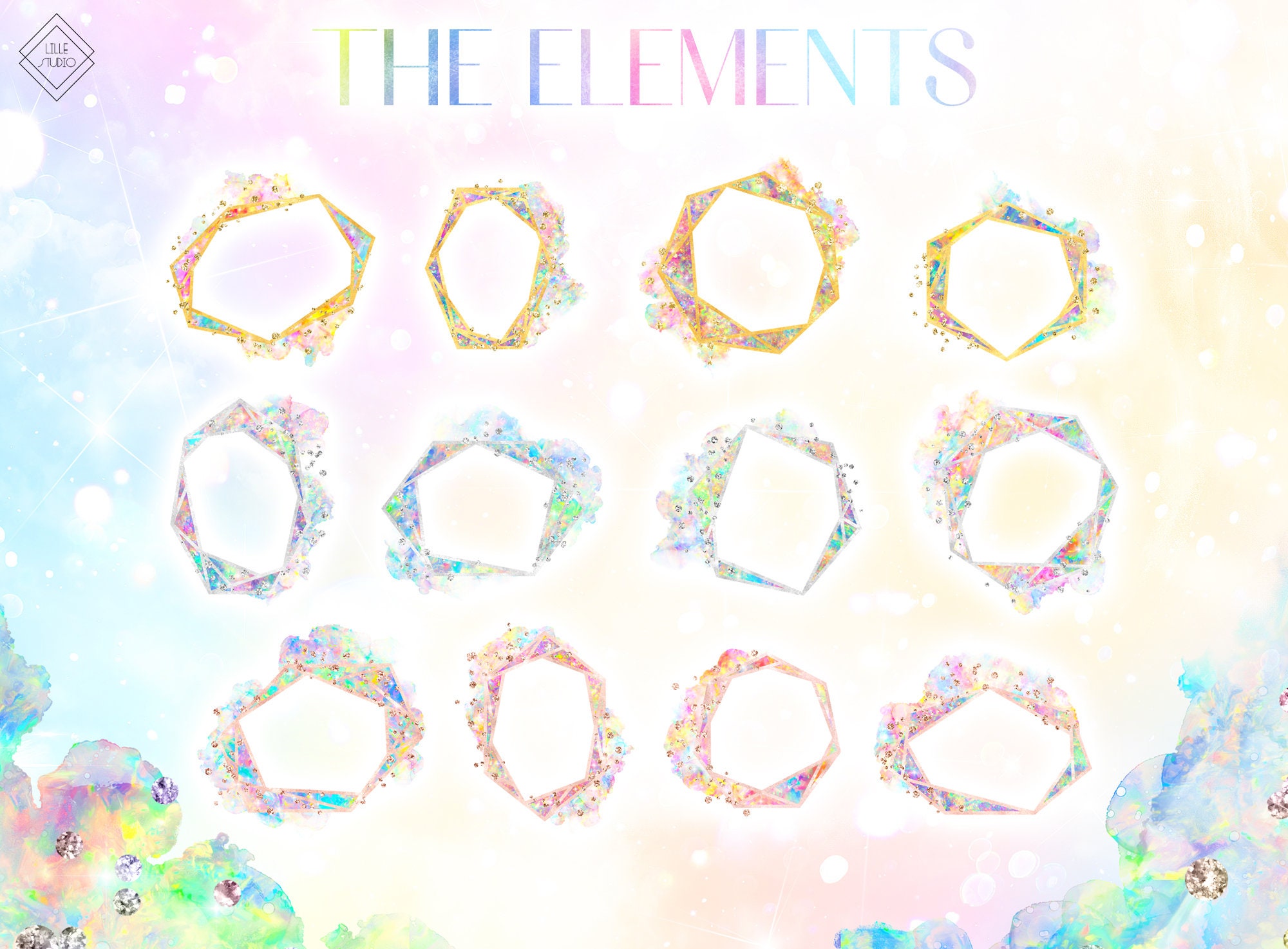 Opal Frame Clipart Colorful Rainbow Neon Border Graphics - Etsy