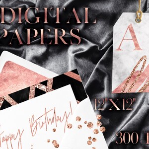 Black Rose Gold Marble Digital Paper: Modern Abstract Geometric Luxury ...
