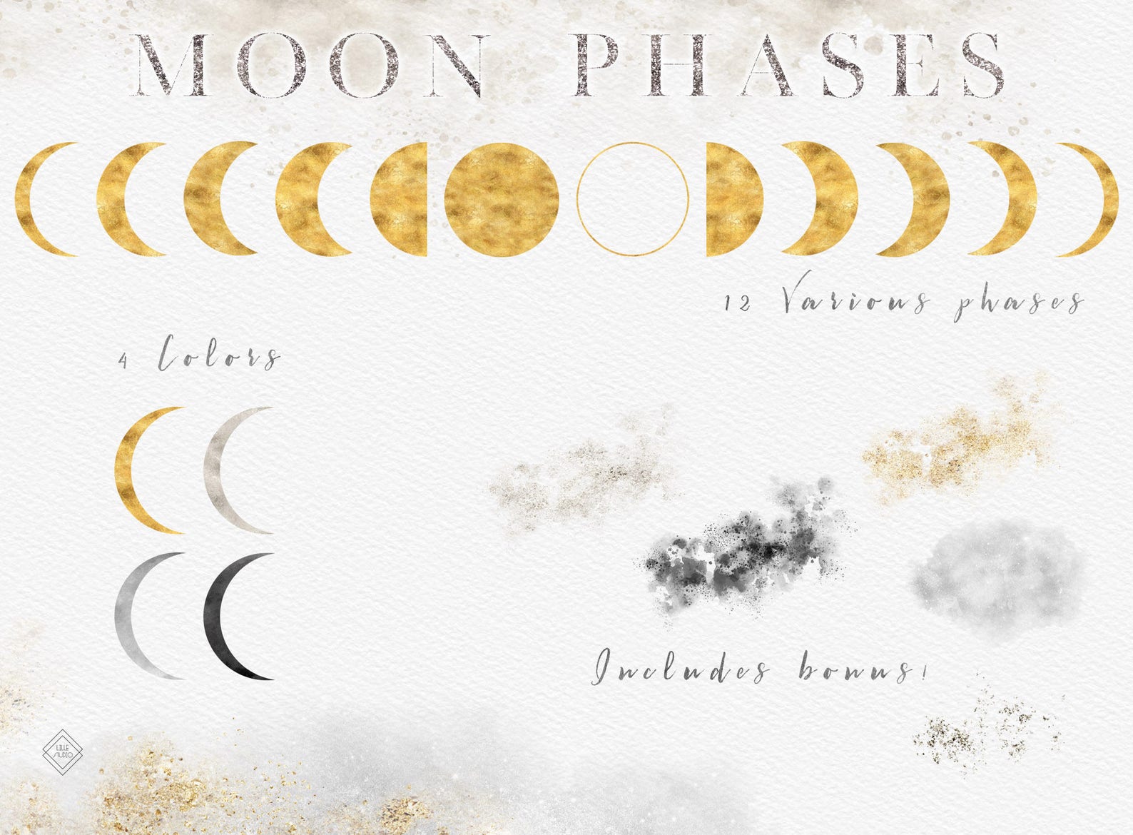 Moon Phase Clipart Gold Silver Watercolor Moons Cycle Clip | Etsy