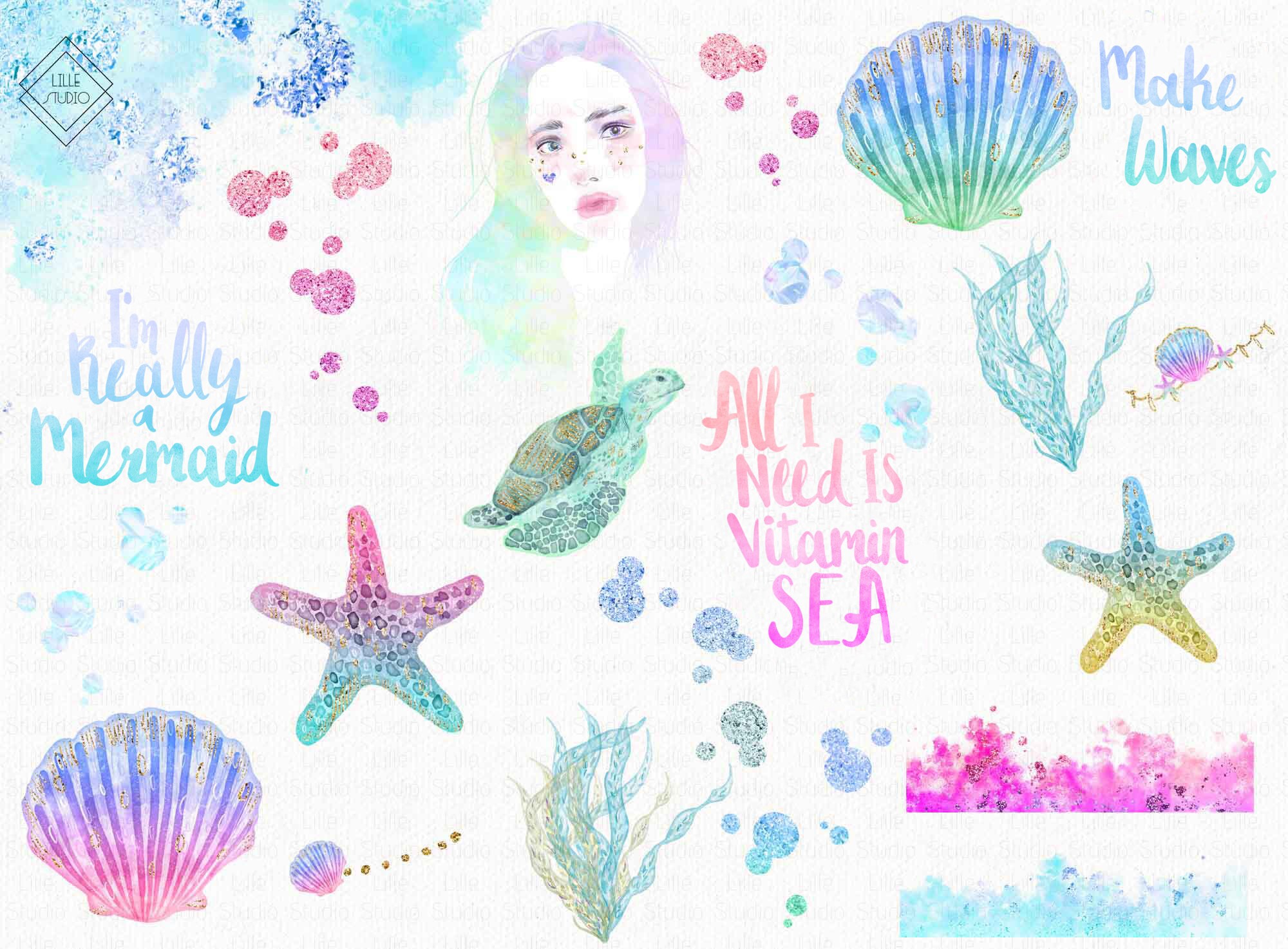Beach Mermaid Clipart Watercolor Summer Ocean Clip Art | Etsy