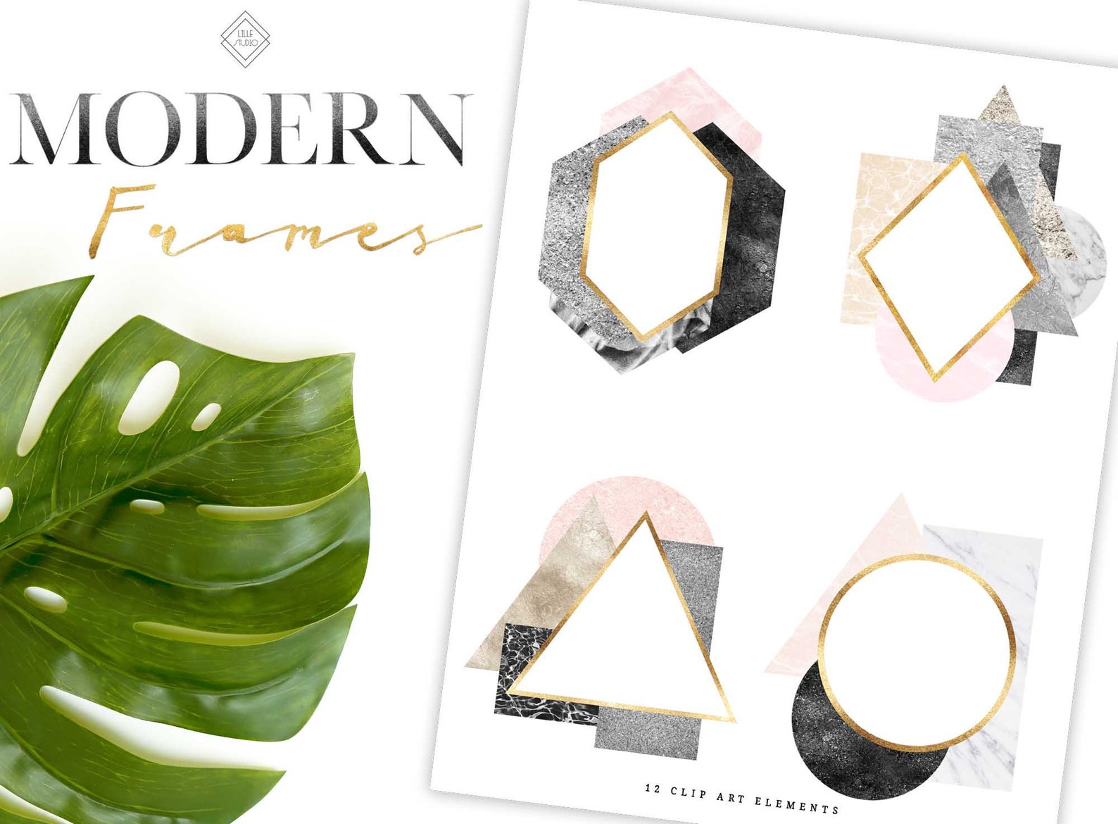 Modern Geometric Frame Clipart Marble Gold Digital Frame - Etsy
