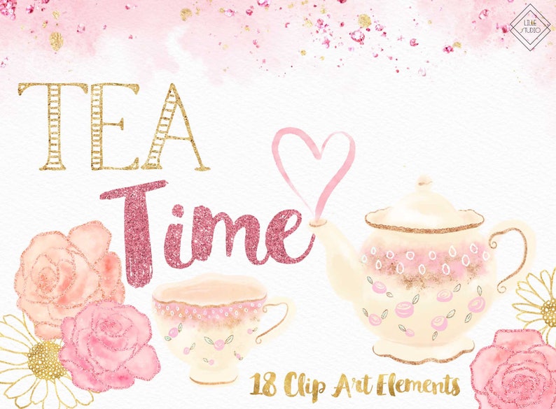 Tea Party Clipart Tea Time Clip Art Pink Gold Garden Party - Etsy España