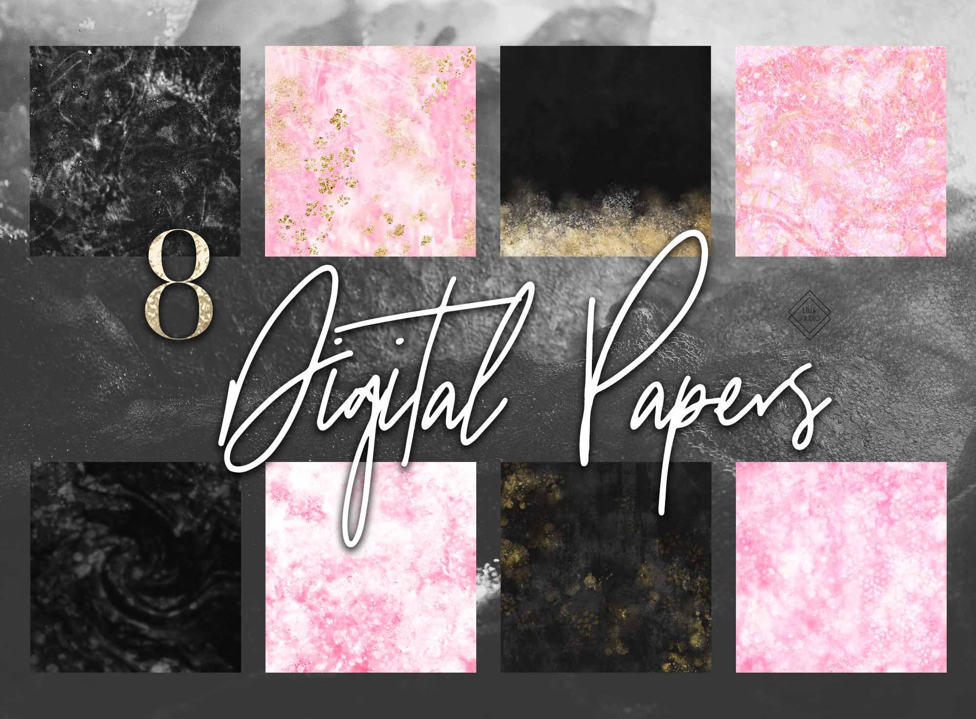 Pink & Black Digital Paper: Glam Gold Watercolor Backgrounds (digital ...