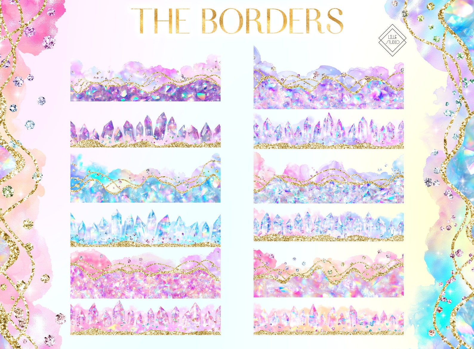 12 Quartz Crystal Geode Borders: Watercolor Pastel Clip Art PNG With ...