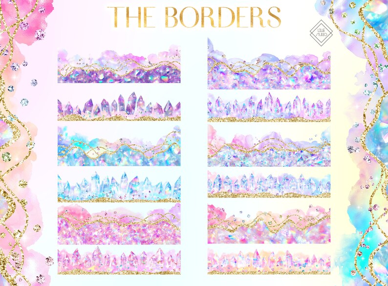 12 Quartz Crystal Geode Borders: Watercolor Pastel Clip Art PNG With ...