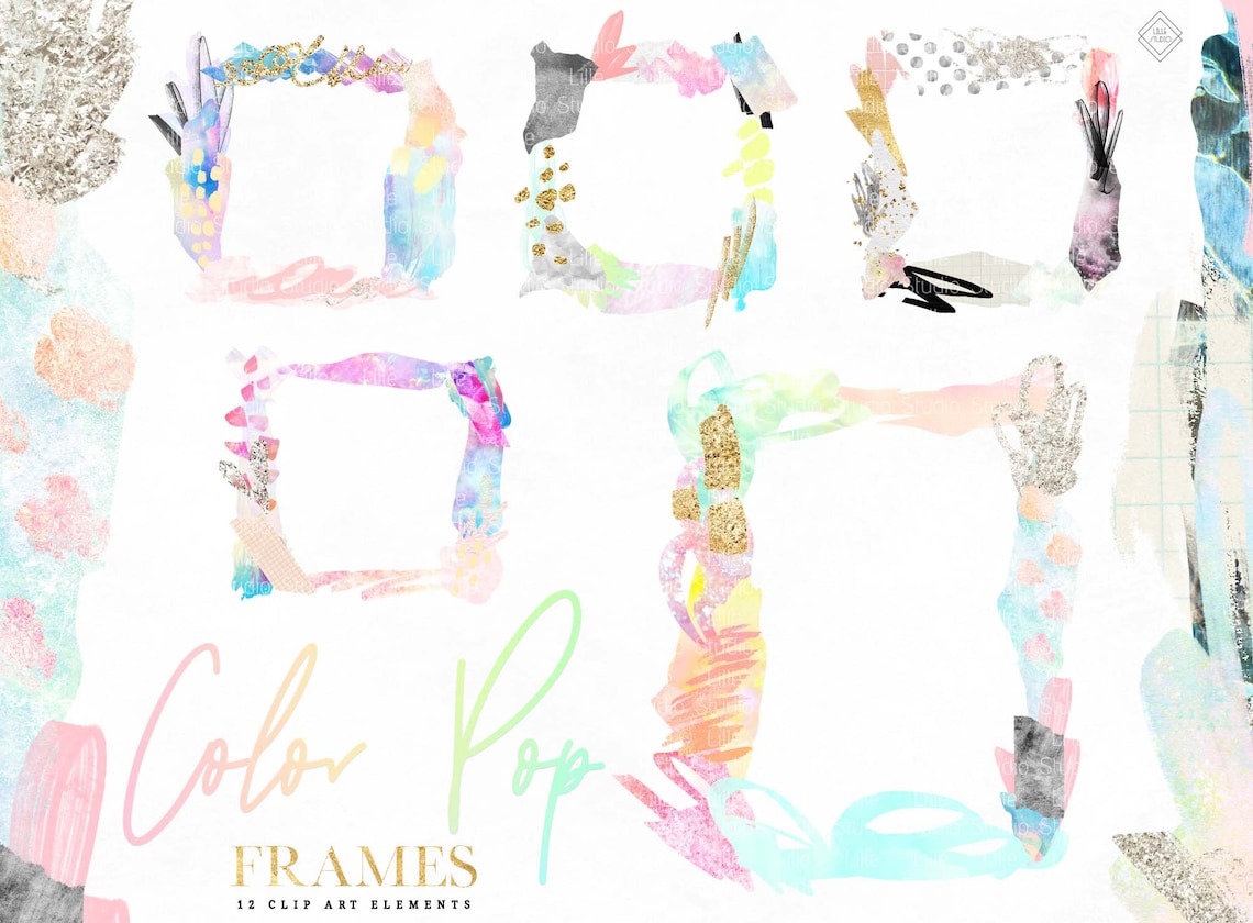 Watercolor Border Clipart: Colorful Rainbow Glitter Frames, Abstract ...