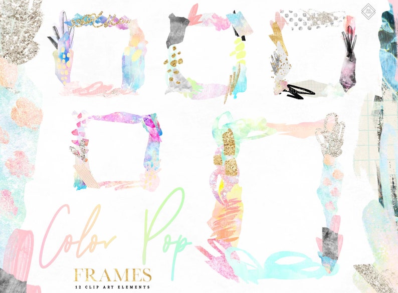 Watercolor Border Clipart: Colorful Rainbow Glitter Frames, Abstract ...