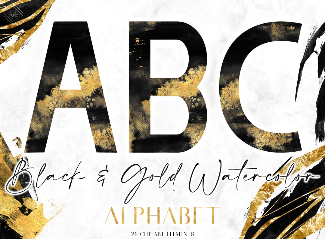 Black Gold Watercolor Alphabet Clipart - Glam Abstract Letter PNG ...