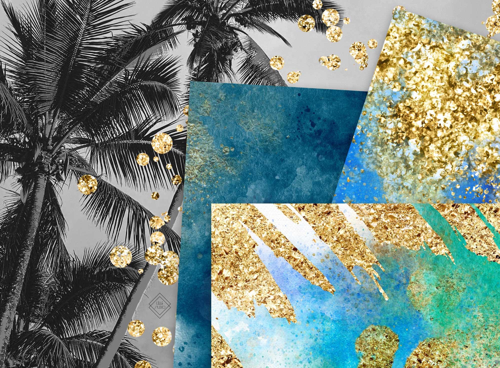 Blue Gold Watercolor Digital Paper Navy Turquoise Ocean Sea - Etsy