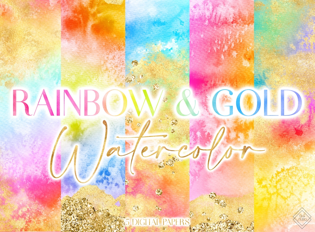 Colorful Rainbow Gold Watercolor Digital Paper Background - Vivid Neon ...