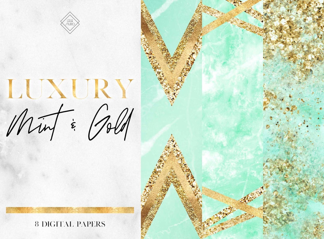 Mint Green & Gold Marble Digital Paper: Glam Geometric Abstract ...