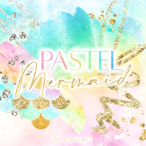 Pastel Mermaid Abstract Watercolor Clipart - Rainbow Ocean Graphics ...