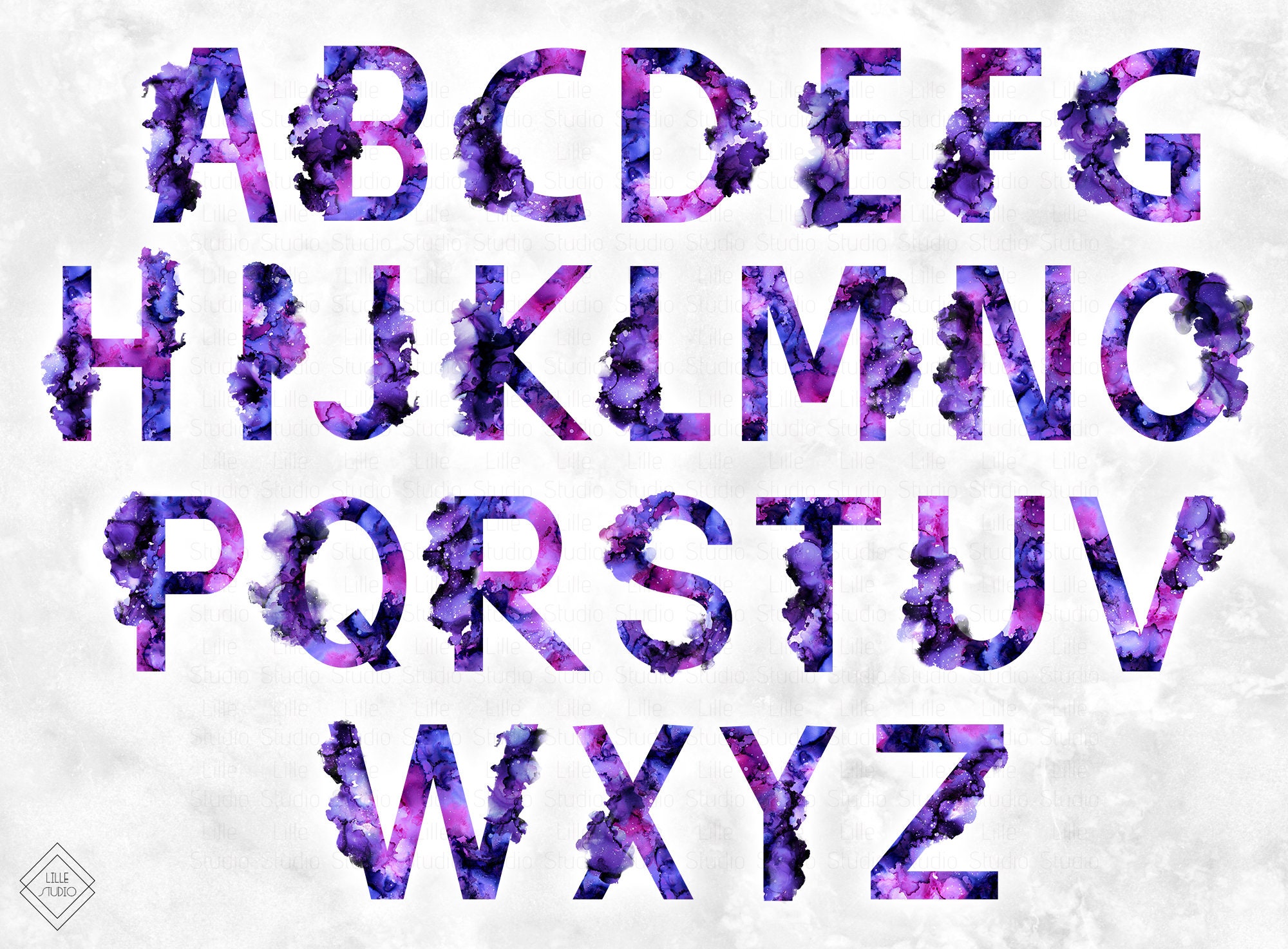 Purple Ink Alphabet Clipart Watercolor Gothic Cloud Monogram - Etsy