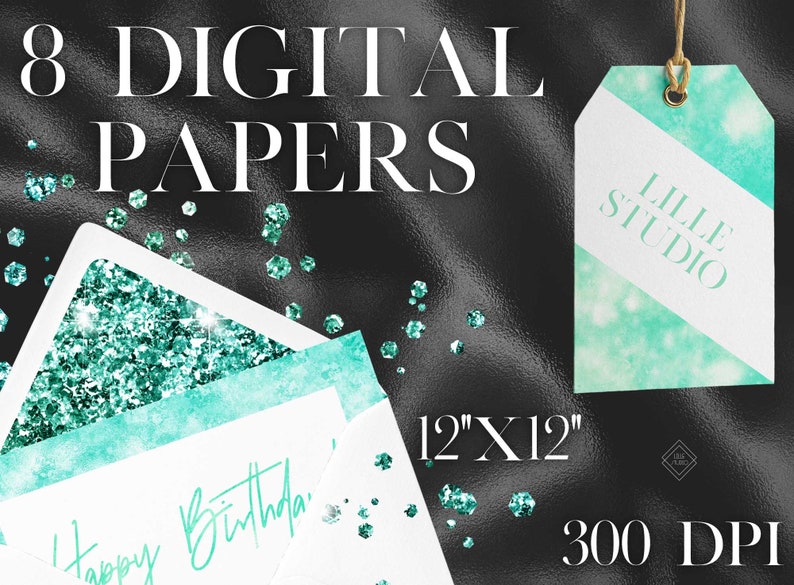 Mint Green Digital Paper: Aqua Glitter Abstract Watercolor Backgrounds ...