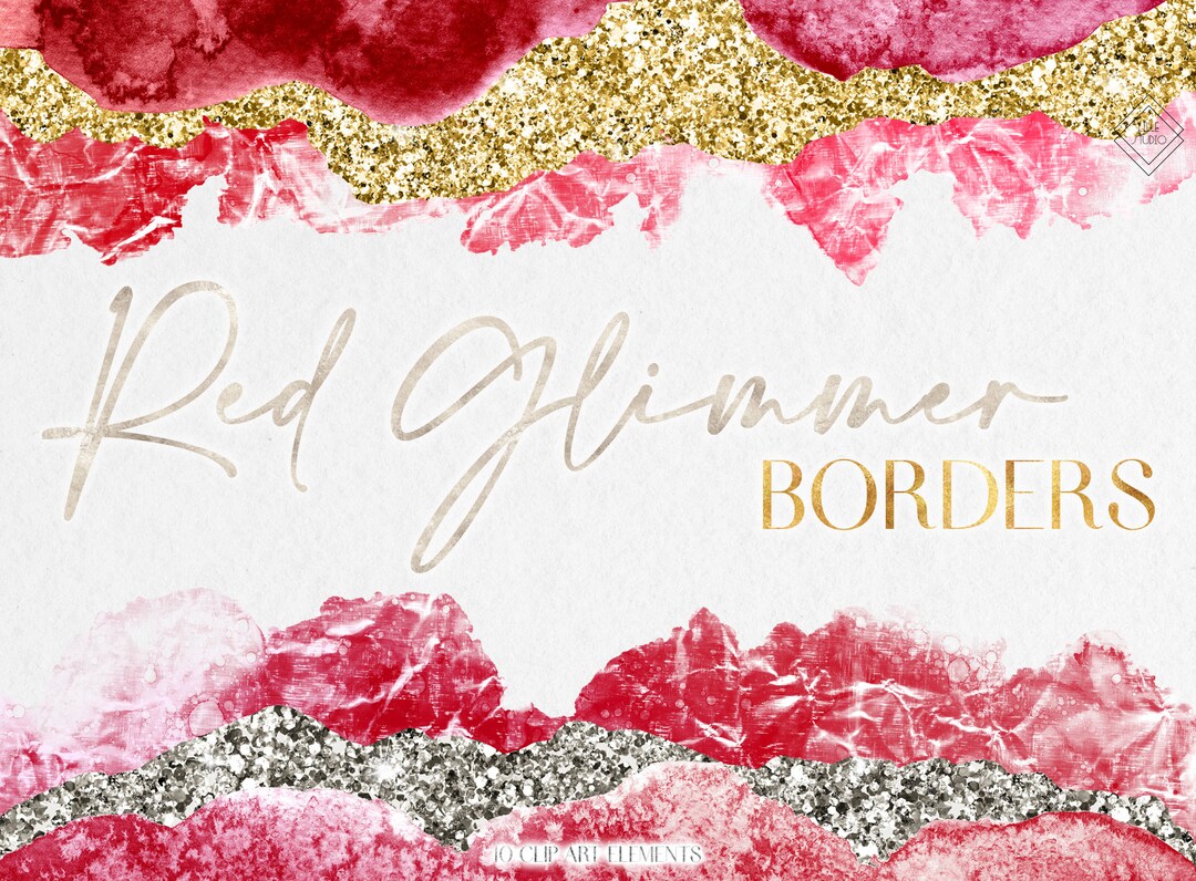 Red Watercolor Border Clipart: Modern Abstract Gold & Silver Glitter ...