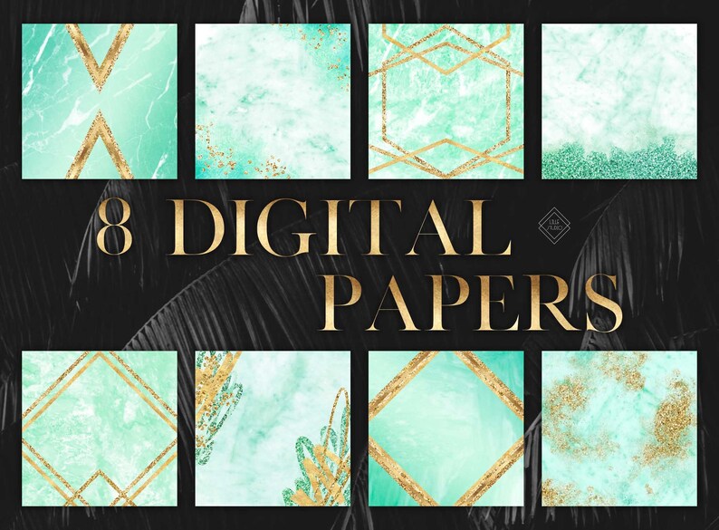 Mint Sea Green Gold Digital Paper Backgrounds Marble Glam | Etsy