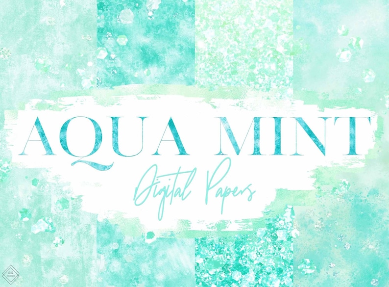 Mint Green Digital Paper: Aqua Glitter Abstract Watercolor Backgrounds ...