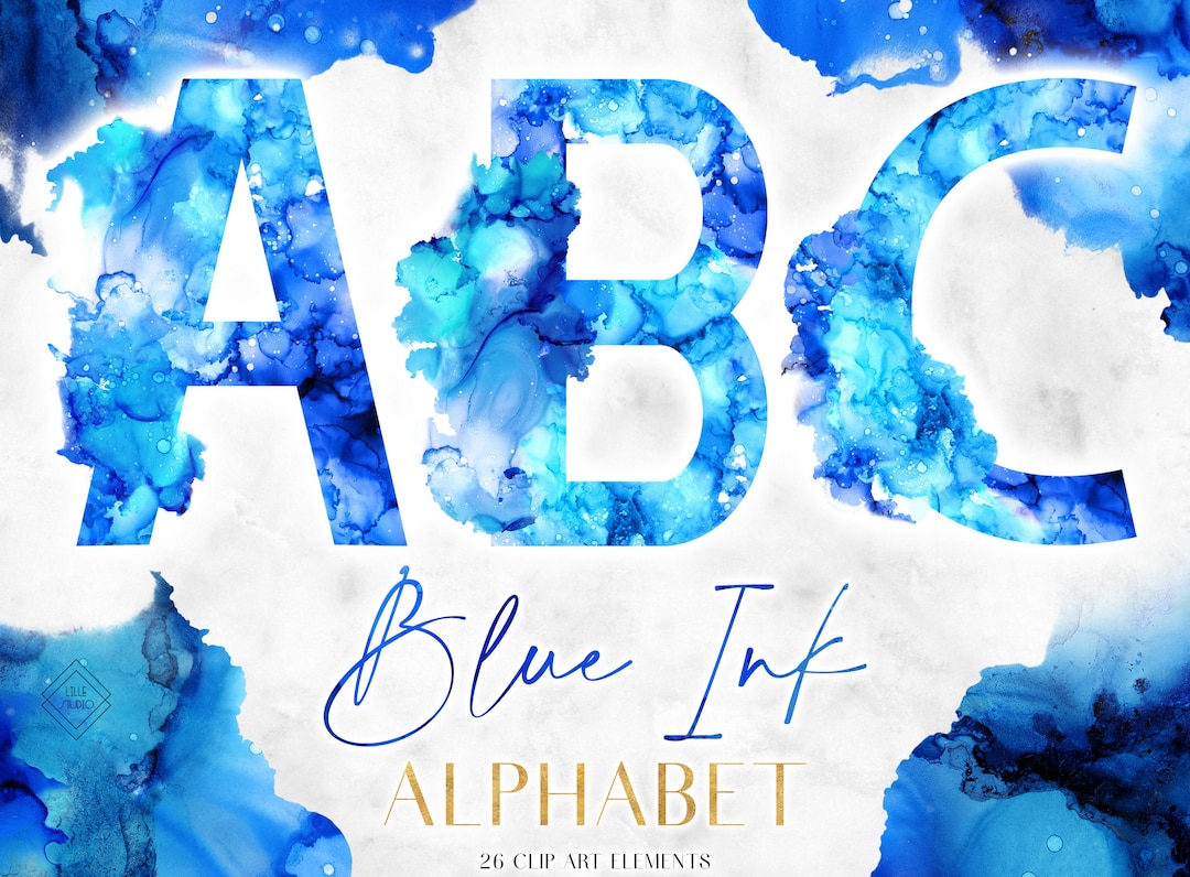 Blue Ink Alphabet Clipart - Watercolor Ocean Sea Monogram PNG ...