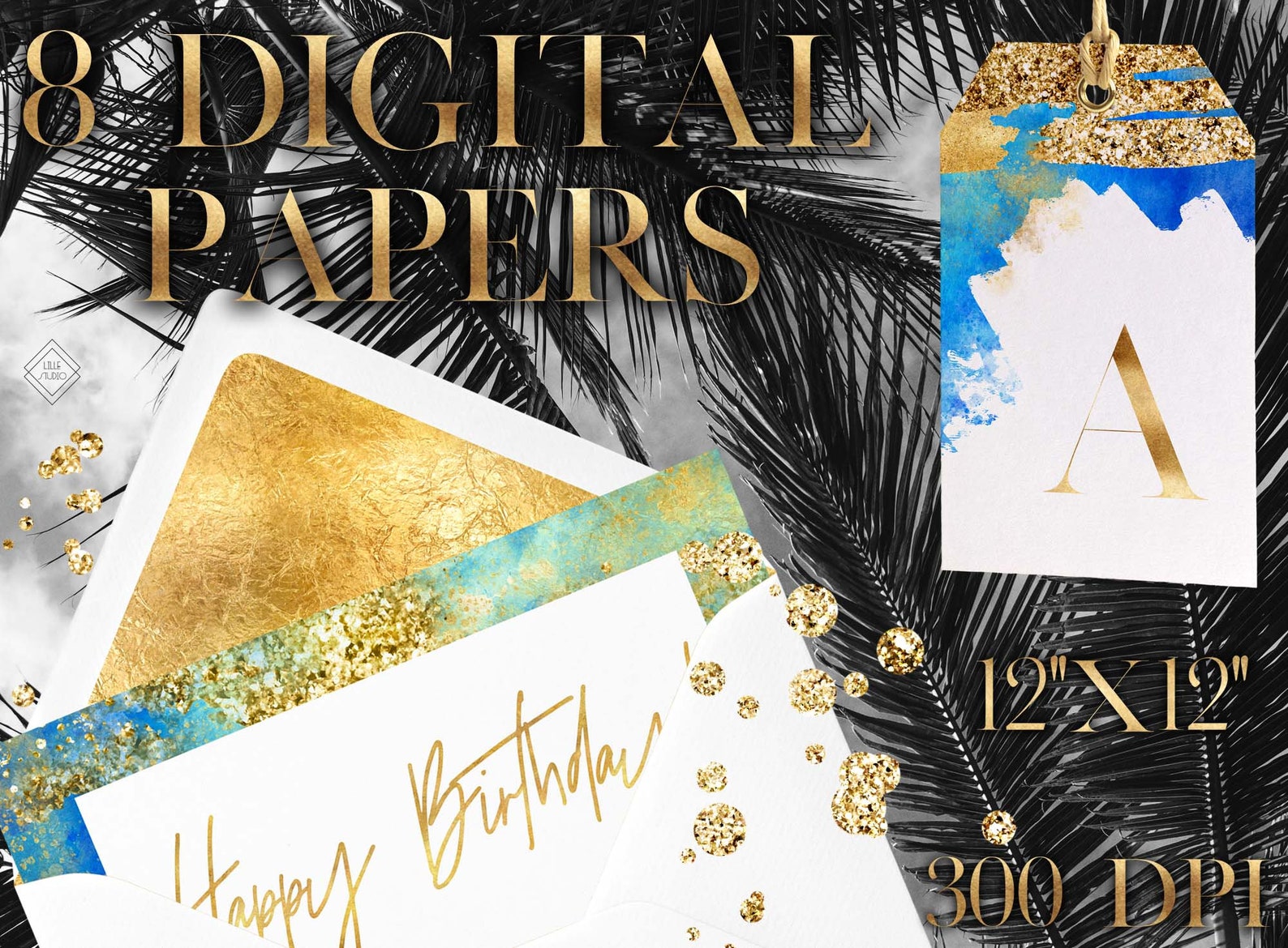 Blue Gold Watercolor Digital Paper Navy Turquoise Ocean Sea - Etsy