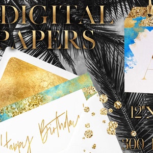 Blue Gold Watercolor Digital Paper - Navy Turquoise Ocean Sea Papers ...