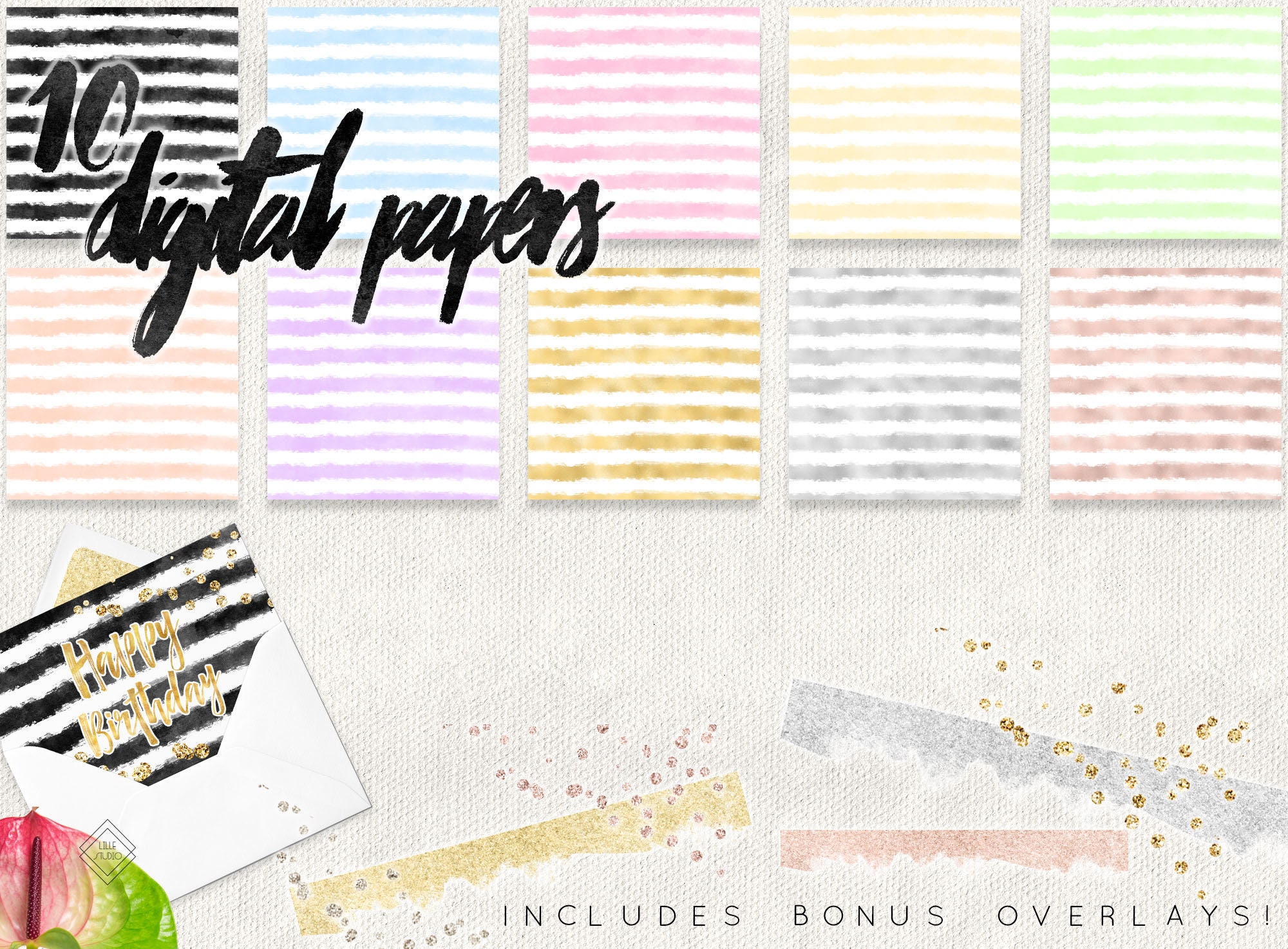 Watercolor Stripes Digital Paper Rose Gold Stripe Background | Etsy