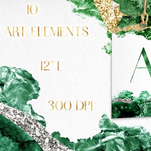 Emerald Green Watercolor Border Clipart: Modern Abstract Gold & Silver ...