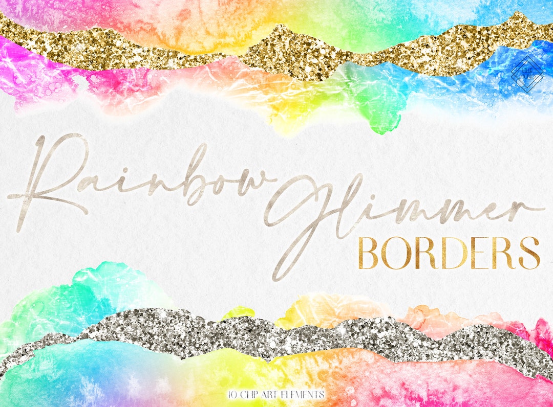 Rainbow Watercolor Border Clipart: Colorful Bright Glitter Frames (PNG ...