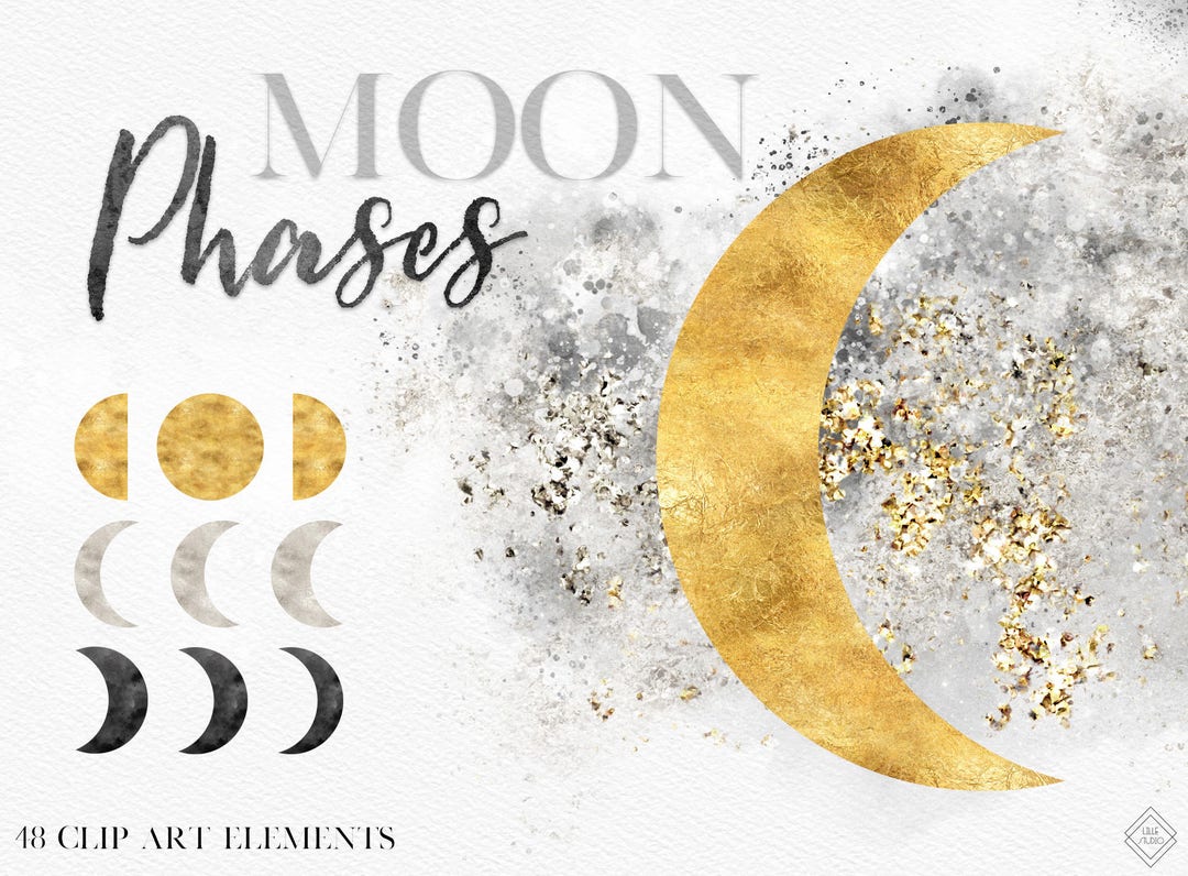 Moon Phase Clipart - Gold Silver Watercolor Moons Cycle Clip Art ...