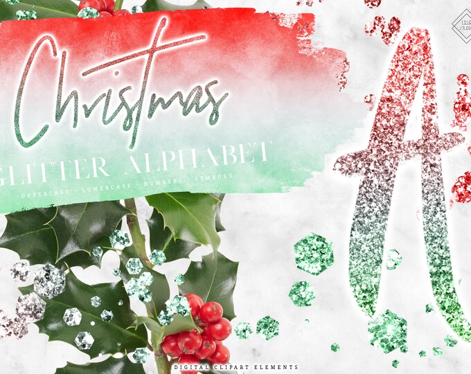 Christmas Alphabet Clipart, Digital Letters Watercolor Texture Glitter ...