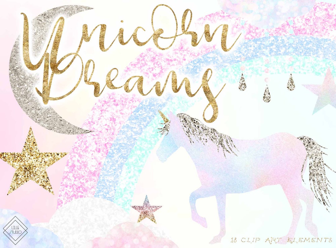 Pastel Unicorn Clipart: Rainbow Star & Cloud Celestial Glitter Graphics ...