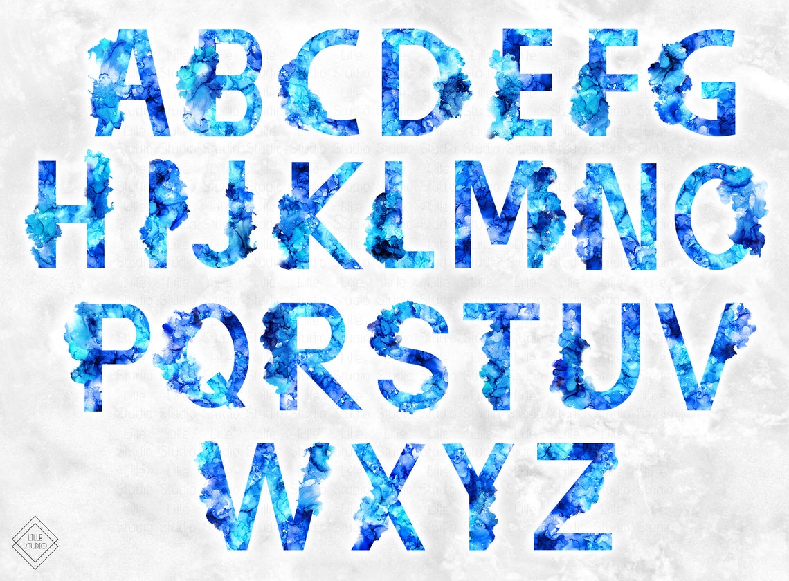 Blue Ink Alphabet Clipart Watercolor Ocean Sea Monogram PNG - Etsy