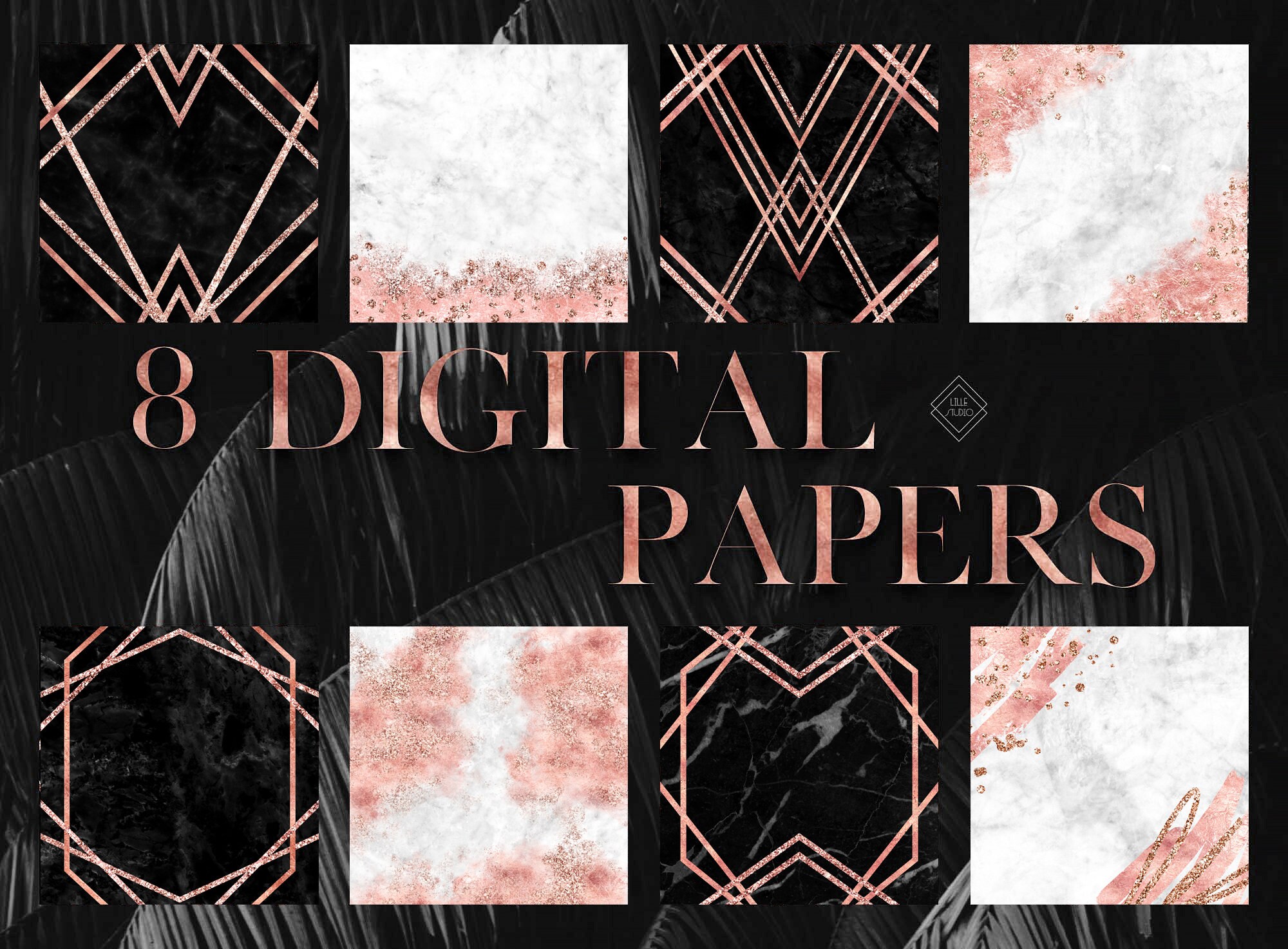 Black Rose Gold Marble Digital Paper: Modern Abstract Geometric Luxury ...