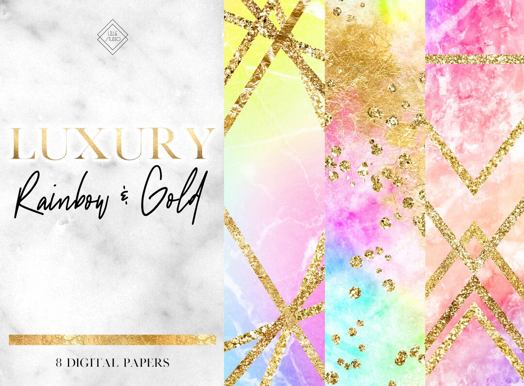 Rainbow Marble Digital Paper: Glam Gold Modern Abstract Watercolor ...