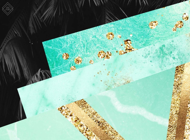 Mint Green & Gold Marble Digital Paper: Glam Geometric Abstract ...