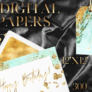 Mint Sea Green Gold Digital Paper Backgrounds - Marble Glam Geometric ...