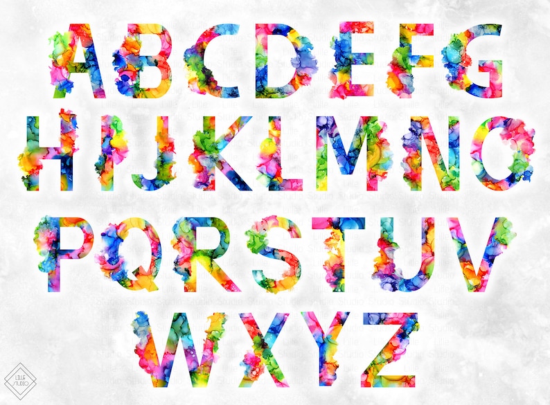 Rainbow Ink Alphabet Clipart Colorful Watercolor Cloud - Etsy