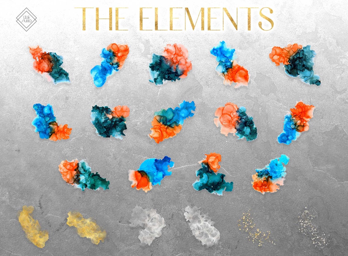 Blue & Orange Alcohol Ink Shapes Clipart: Abstract Watercolor, Glitter ...