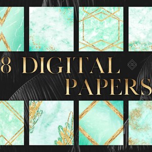 Mint Sea Green Gold Digital Paper Backgrounds - Marble Glam Geometric ...