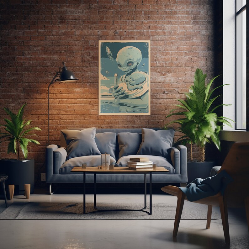 Retro Sci-fi Alien and Child Poster - Vintage Space Art Print, Rocket ...