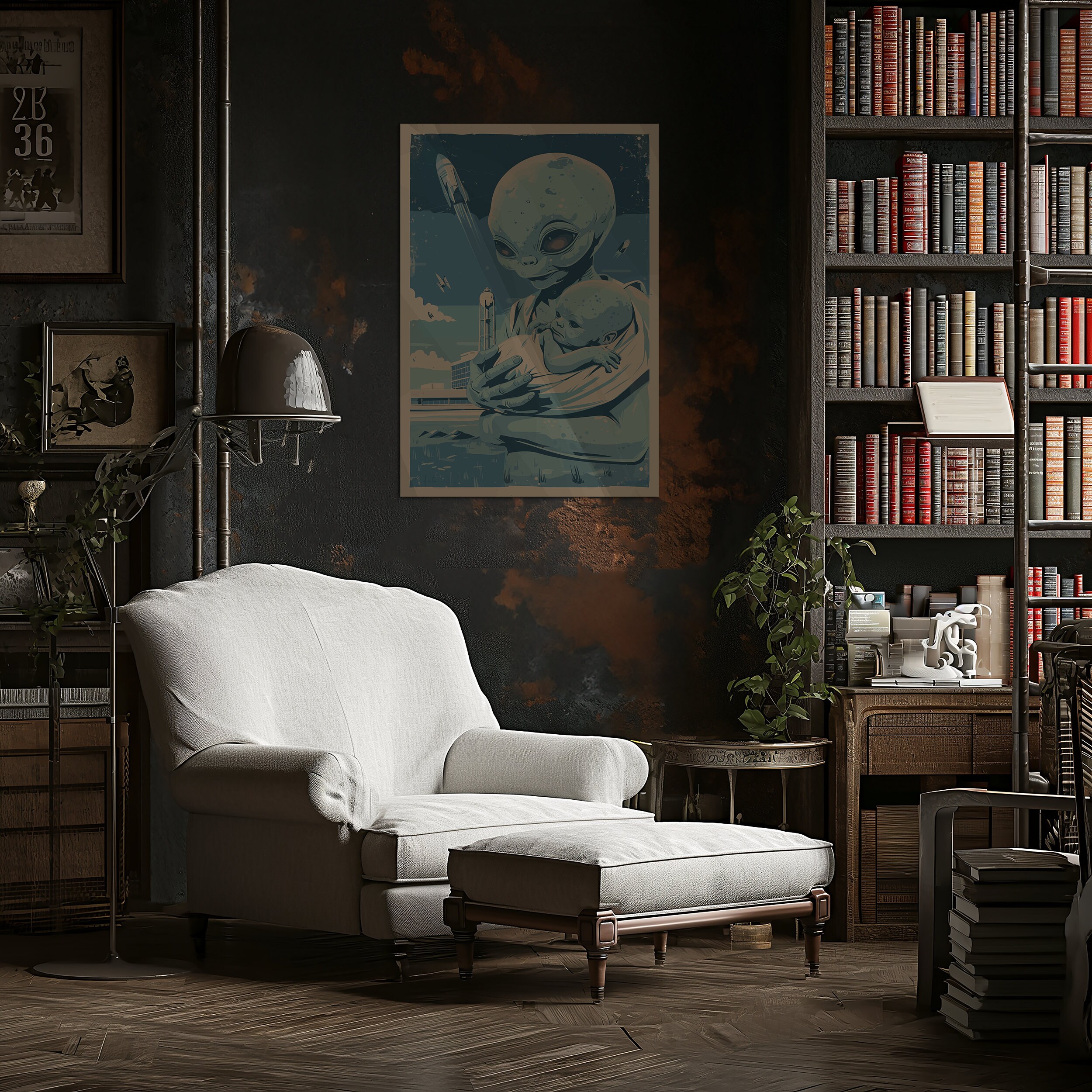 Retro Sci-fi Alien and Child Poster - Vintage Space Art Print, Rocket ...