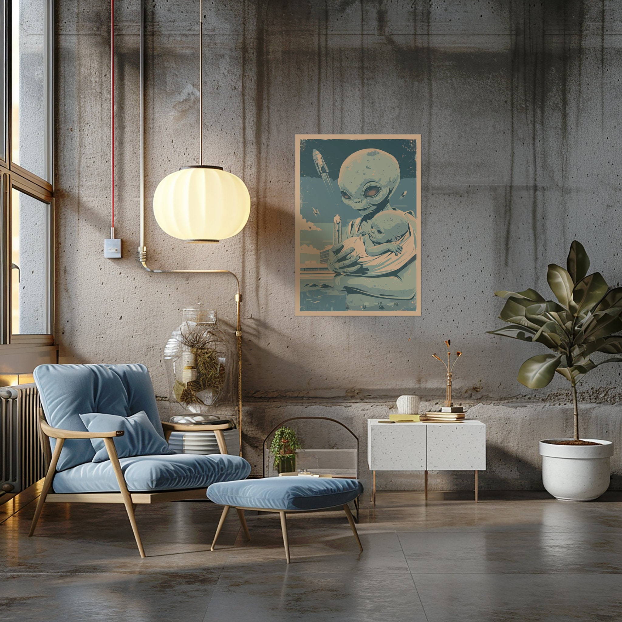 Retro Sci-fi Alien and Child Poster - Vintage Space Art Print, Rocket ...