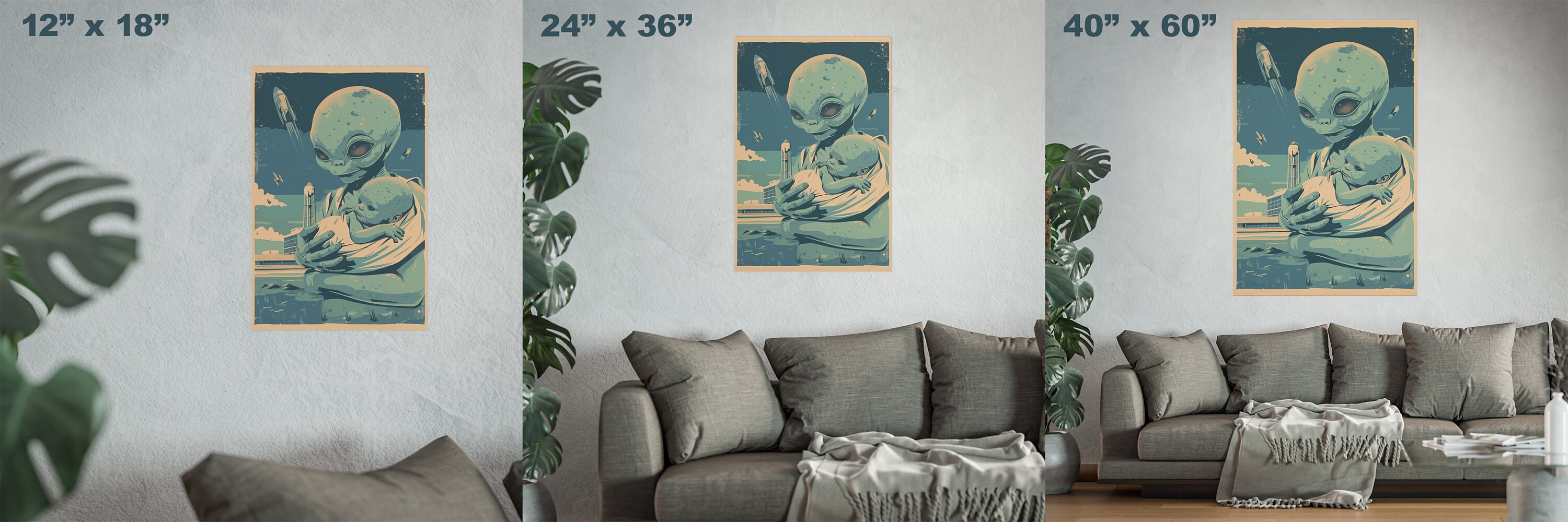 Retro Sci-fi Alien and Child Poster Vintage Space Art Print, Rocket ...