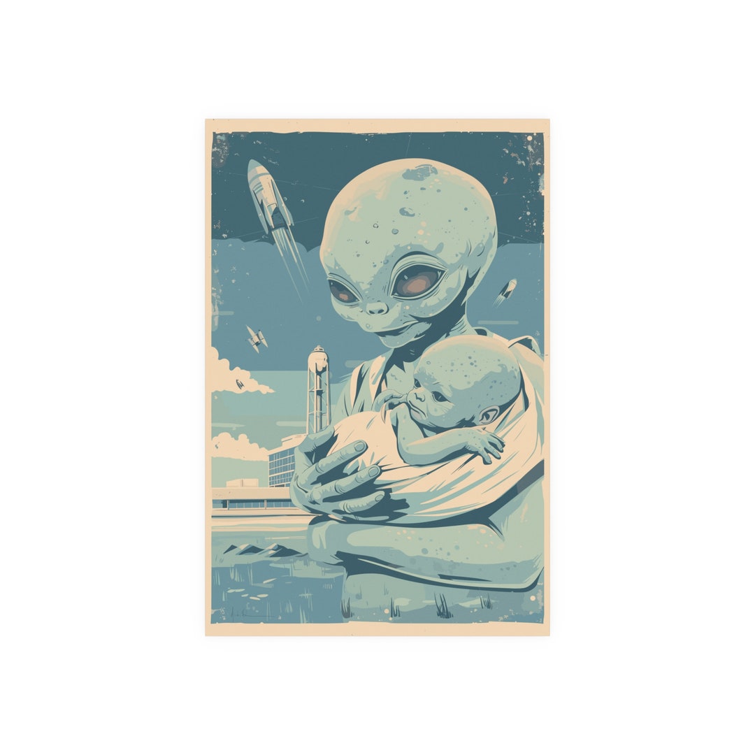 Retro Sci-fi Alien and Child Poster - Vintage Space Art Print, Rocket ...